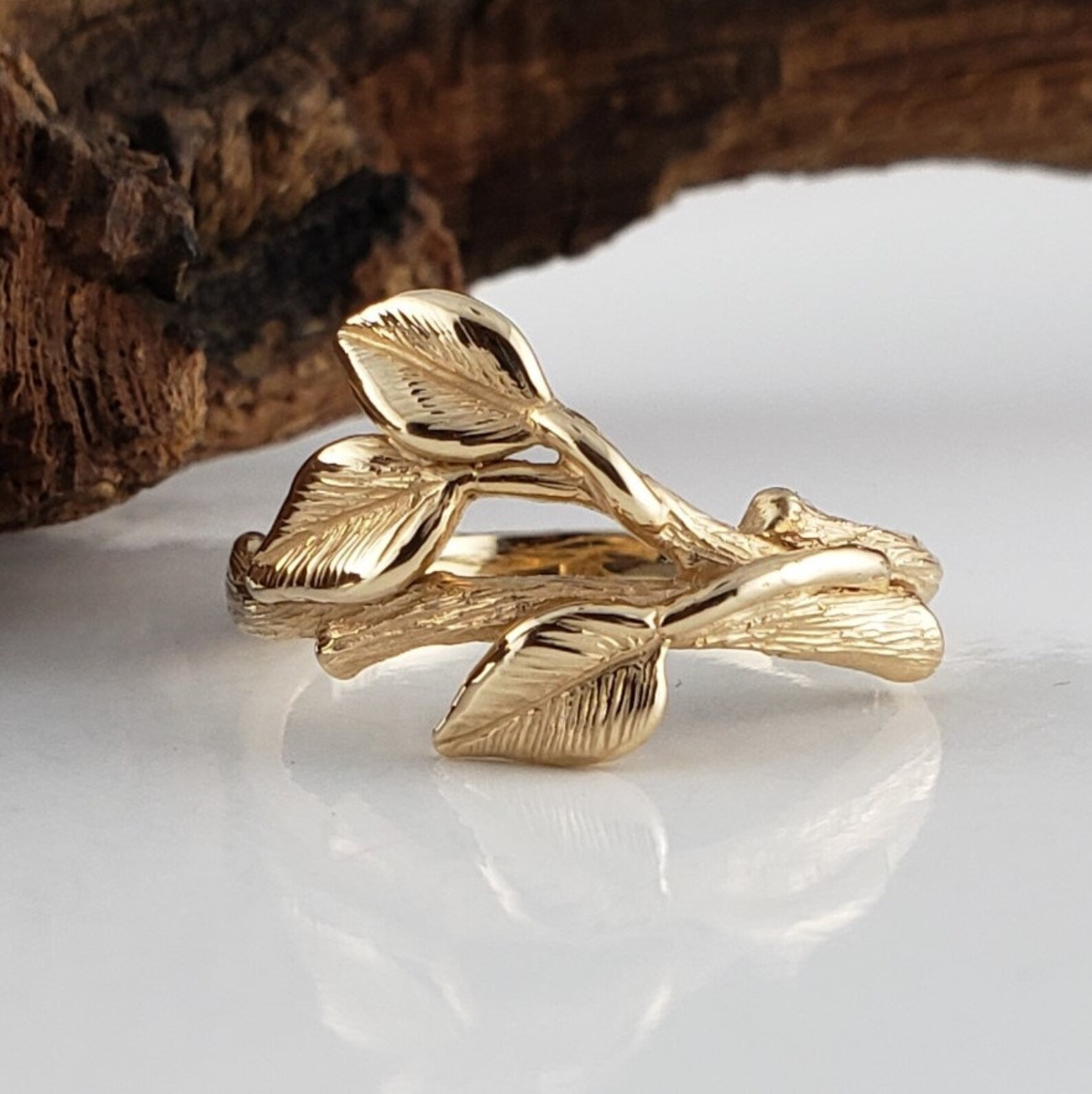 Three Leaf Twig Ring in 14k or 18k Gold Anniversary Gifts by | Etsy