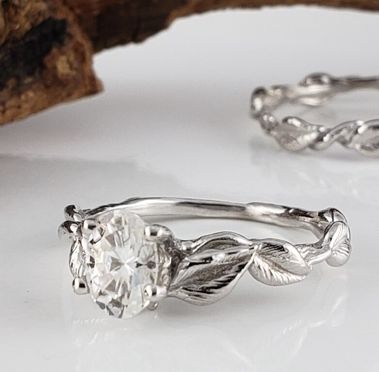 Moissanite Leaf Engagement Ring Set Bridal Wedding Ring Set | Etsy