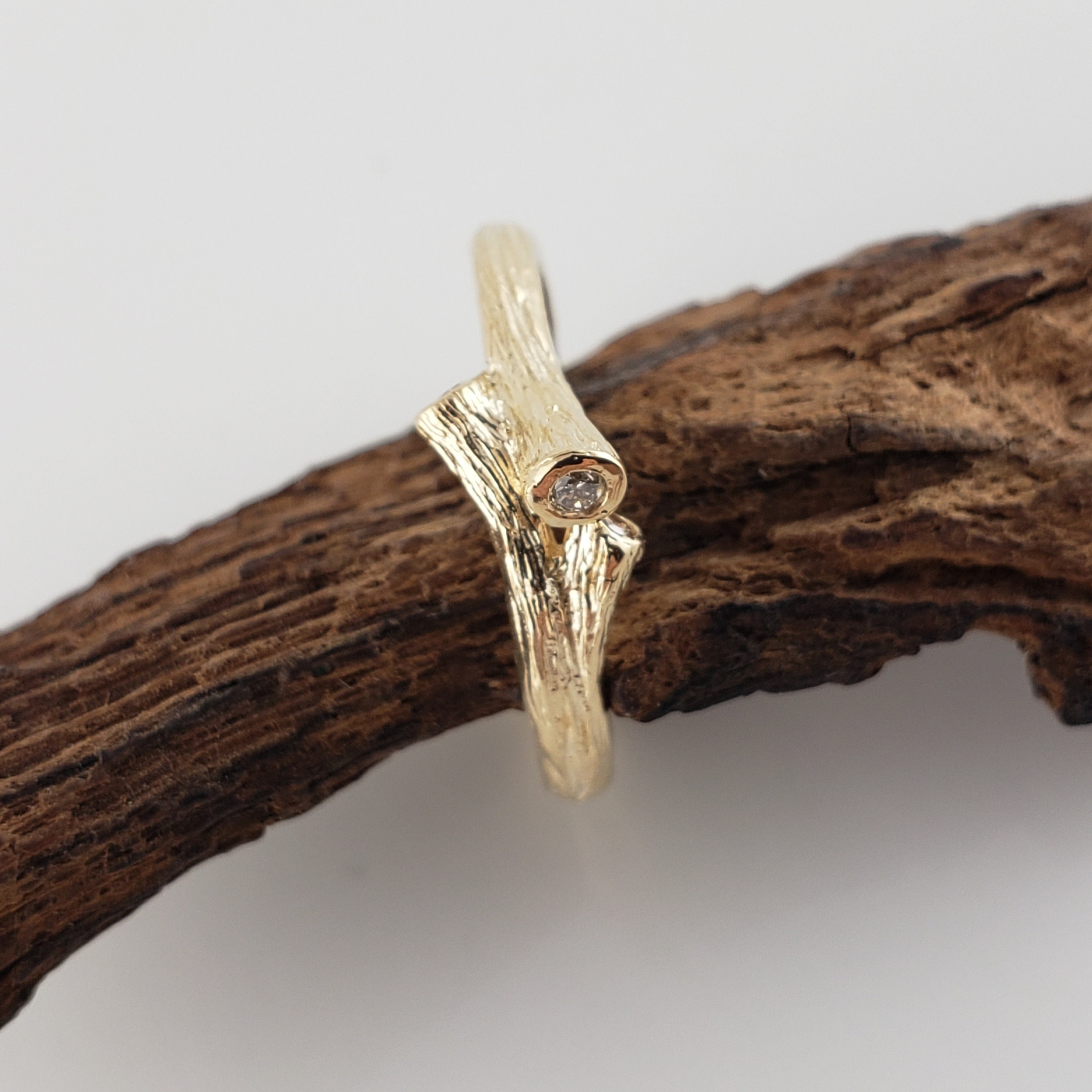 Split Twig Wedding Band With Diamonds - Faceted Diamond - Solid Gold ...