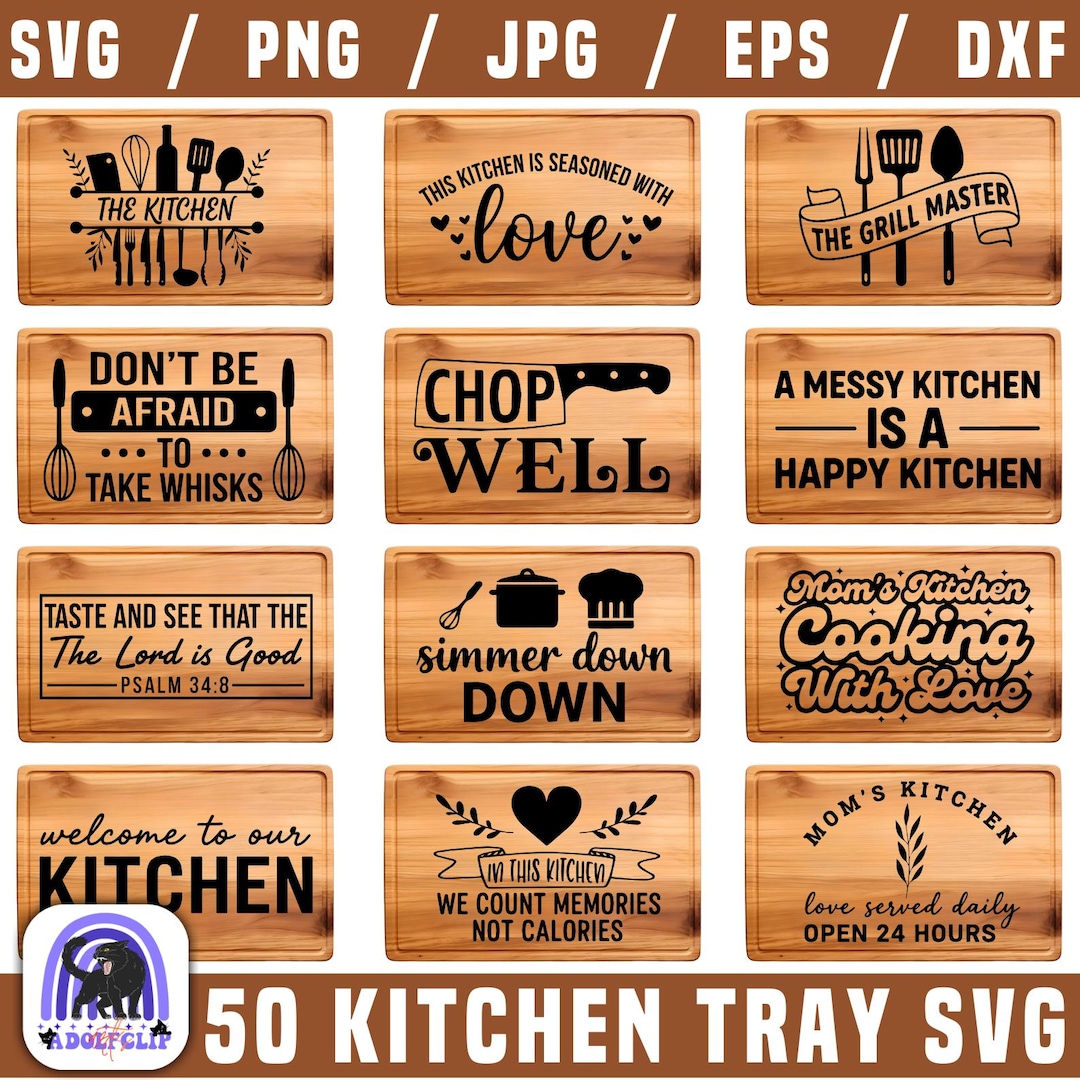 Kitchen Tray Svg Bundle, 50 Designs, Cutting Board Svg, Plate Svg, Tray ...
