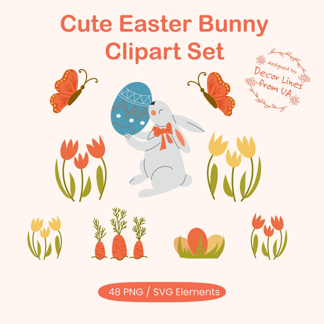 Easter Bunny Clipart Set, Spring Graphics, Eggs, Flowers (48 PNG/SVG ...