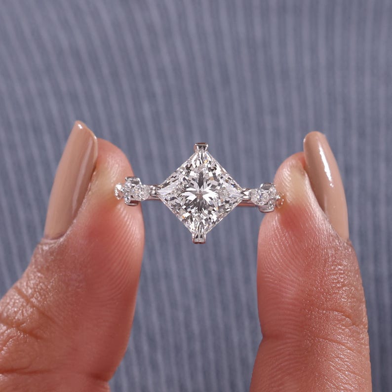 Kite Set Princess Cut Lab Grown Diamond Engagement Ring: 14K Gold Side ...