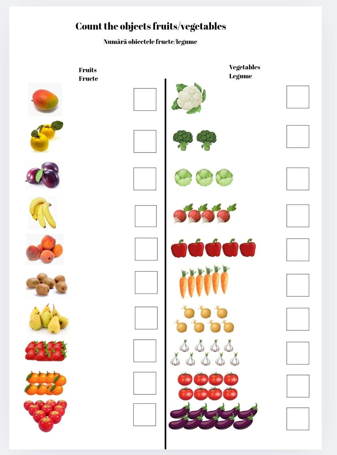 Fruits and Vegetables Counting Worksheet | Bilingual Printable ...