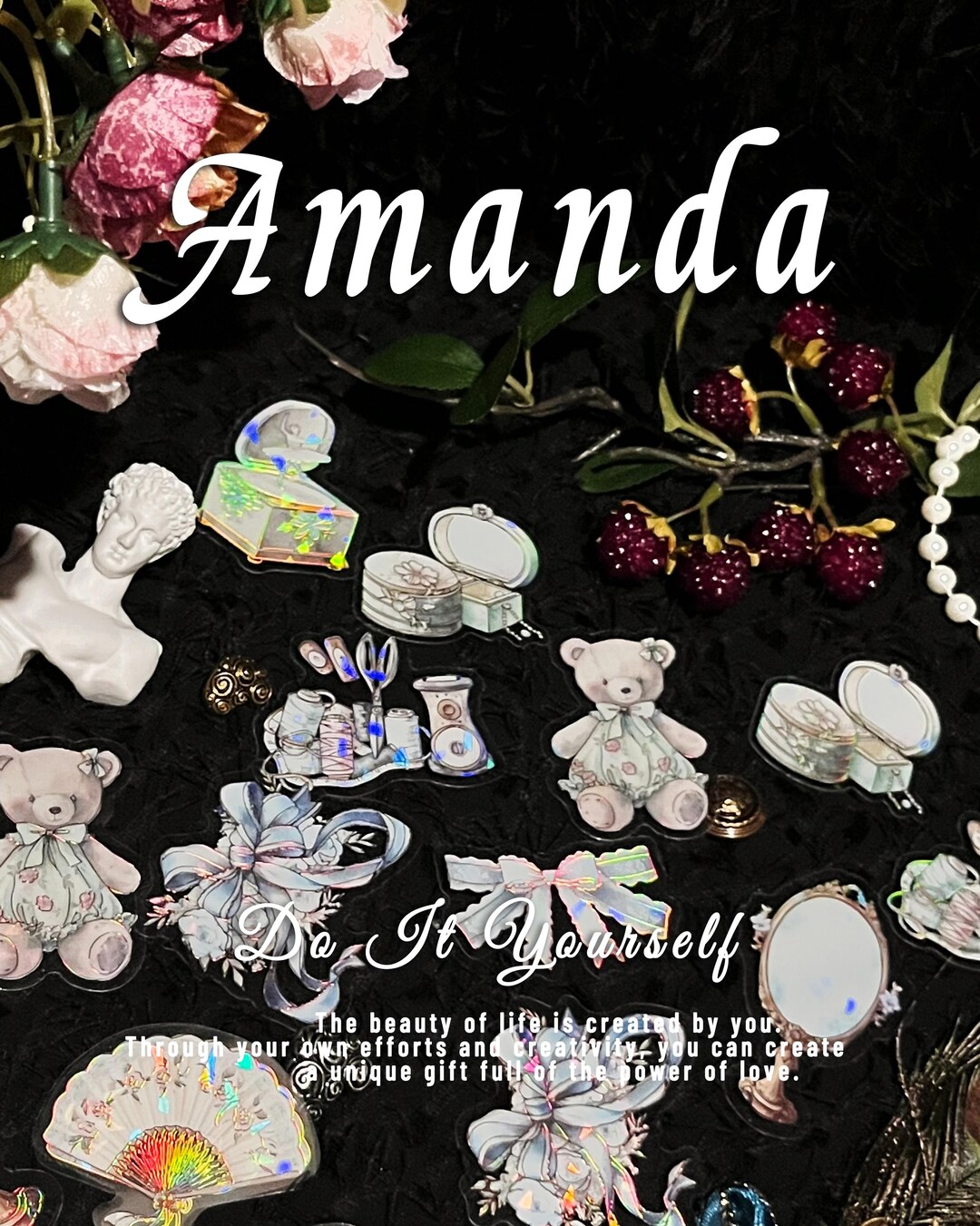 Holographic Vintage Vanity Stickers, Rococo Mirror Bow Bear Ephemera ...