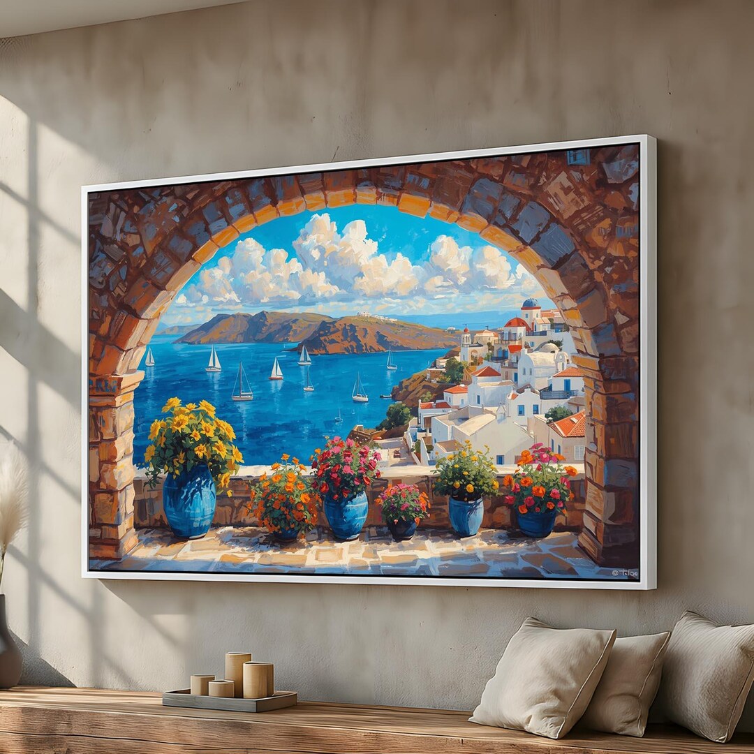 Mediterranean Seaside Canvas Wall Art | Coastal Village View | Greek ...
