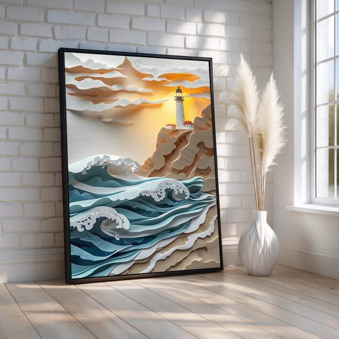 Papercut Lighthouse Ocean Canvas Wall Art | Layered Coastal Seascape ...