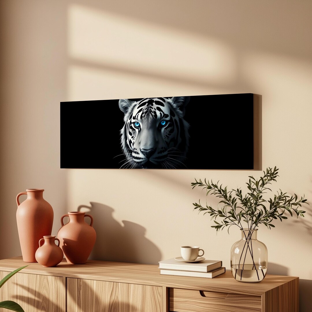 White Tiger With Blue Eyes | Panoramic Wildlife Canvas Wall Art | Bold ...