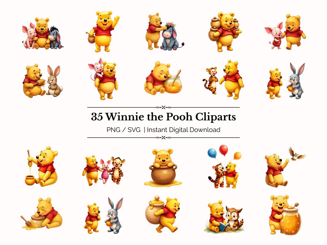 35 Winnie the Pooh Clipart | PNG and SVG Bundle | Cute Pooh Bear and ...