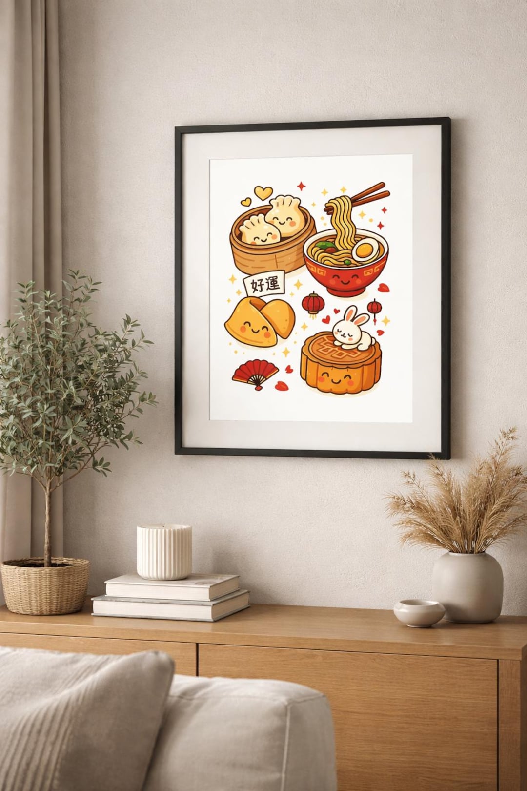 Kawaii Chinese Food Art Print | Dumplings, Noodles, Mooncake (digital ...
