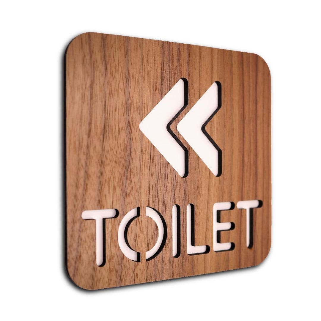 Toilet Direction Sign – Left Arrow Wayfinding Plaque – Walnut 14.5x14 ...