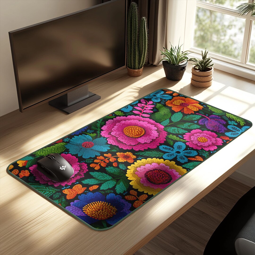 Mexican Embroidered Flowers Desk Mat | Colorful Folk Art Floral ...