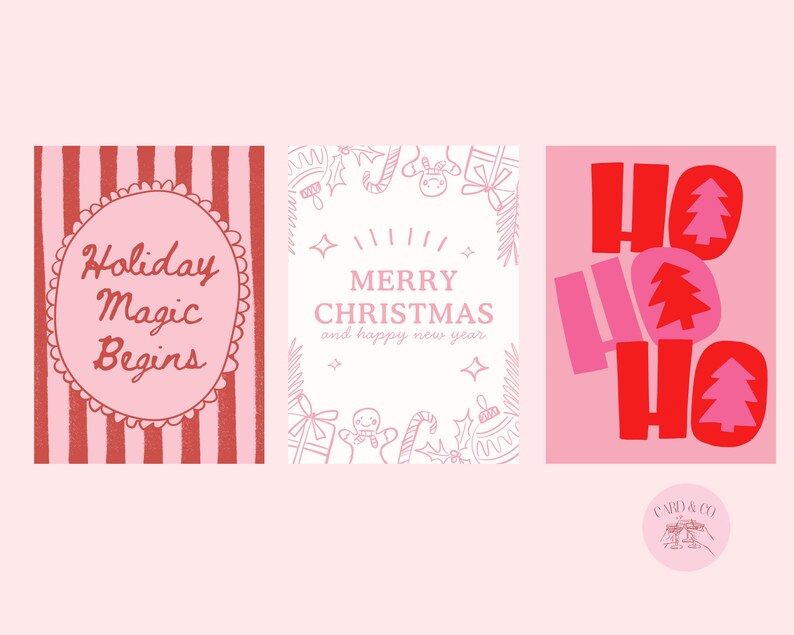 Pink Christmas Cards Set, 9 Printable Holiday Cards, Xmas Card Bundle ...