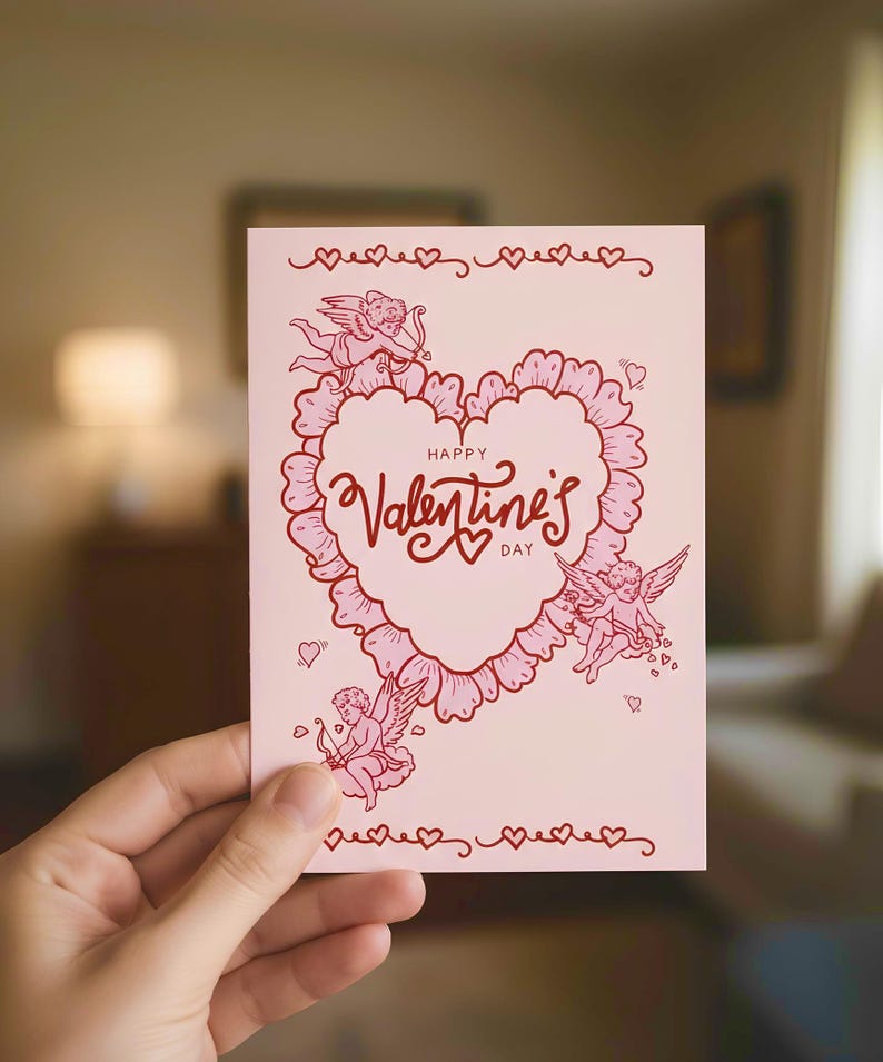 Valentine’s Day Card Printable, Romantic Pink Heart Design, Happy ...