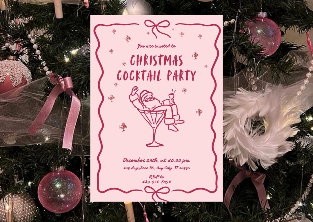 Pink Christmas Cocktail Party Invitation | Editable Canva Template ...