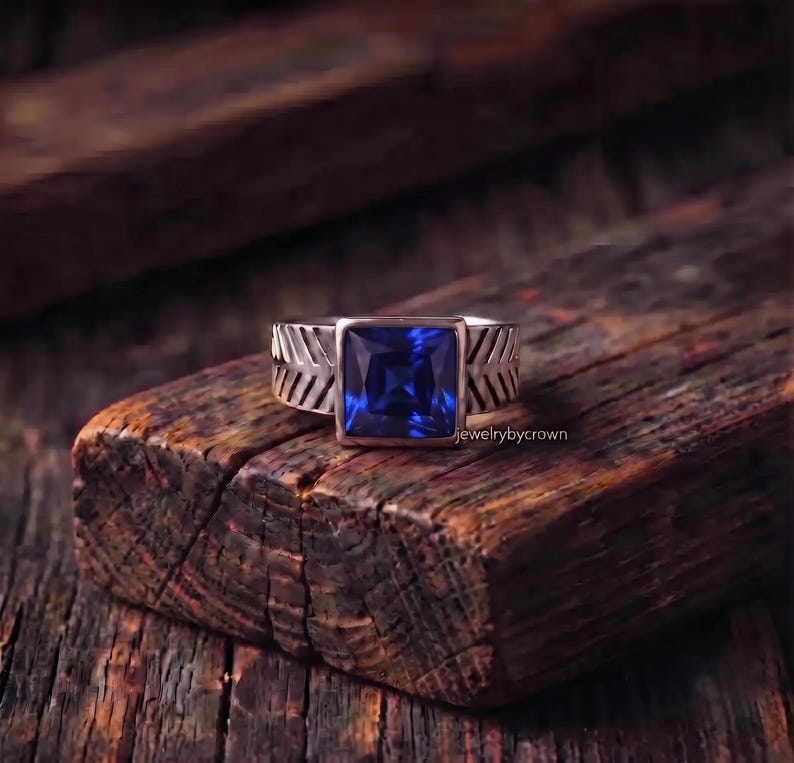 Mens Sterling Silver Signet Ring, Blue Sapphire Gemstone, Vintage ...