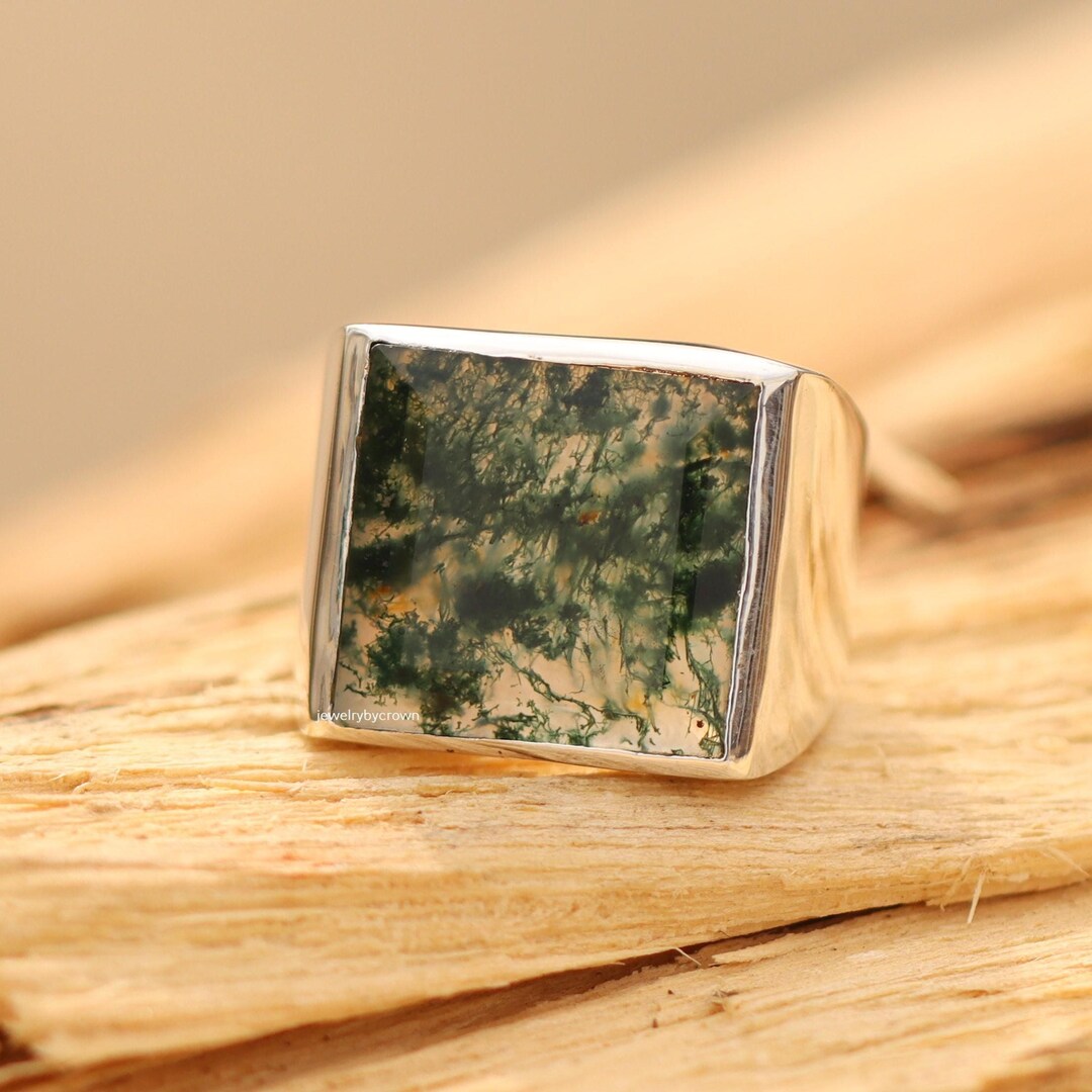 Moss Agate Square Signet Ring for Men: Handmade Sterling Silver Natural ...