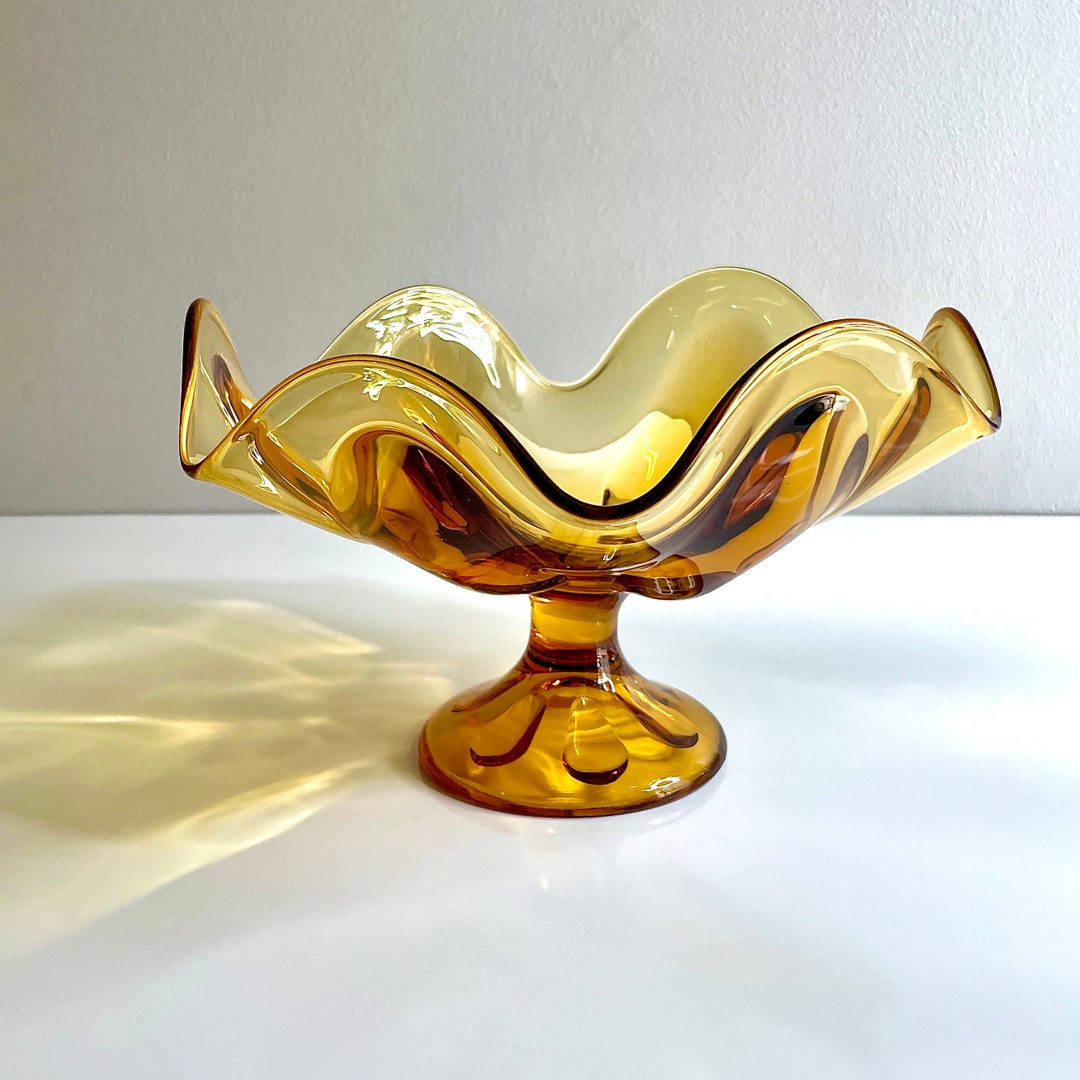 Vintage Epic Amber Glass Compote by Viking, 6 Petal Handkerchief Bowl ...