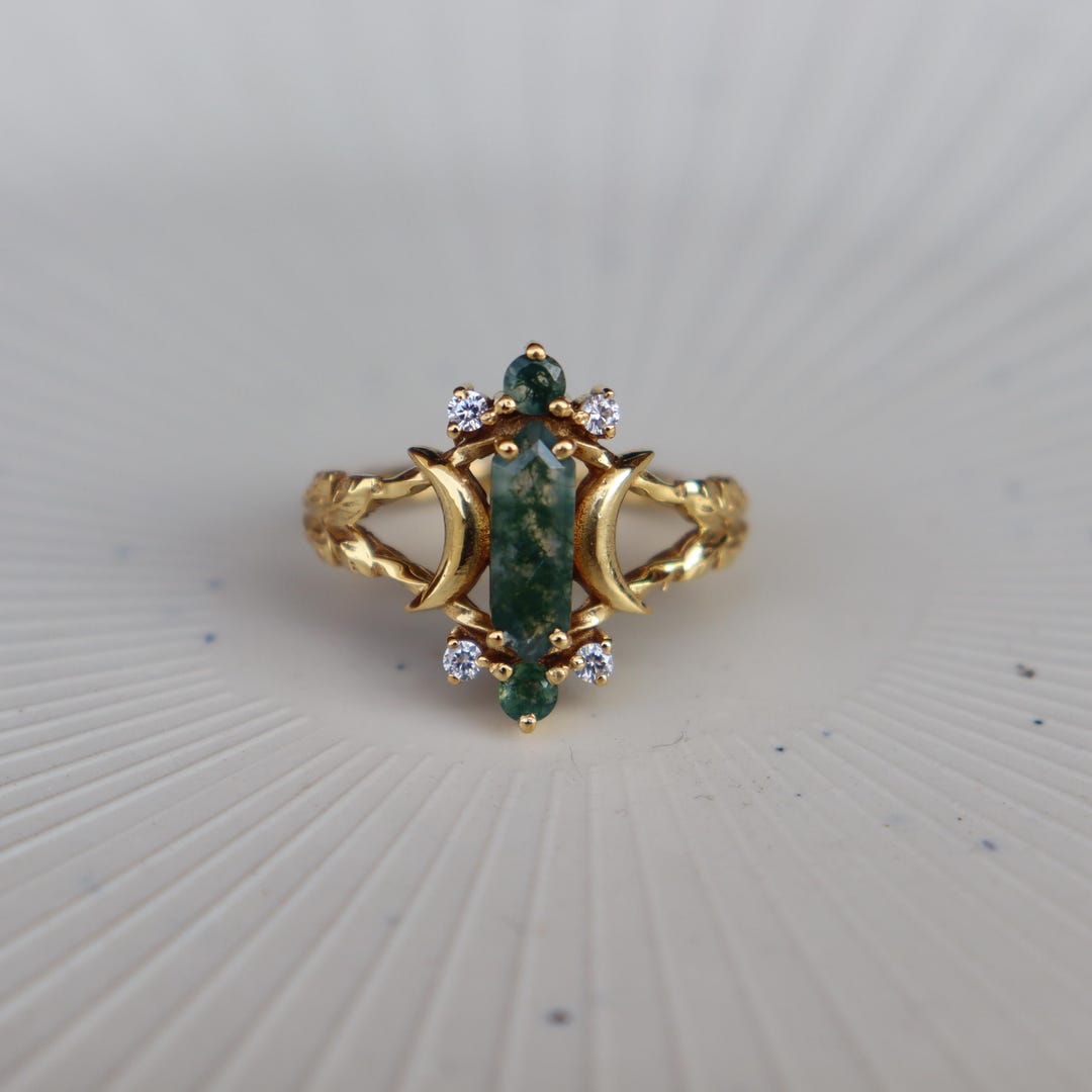 Natural Green Moss Agate Ring, Leaves Tree Branches Ring, Celestial 18K ...