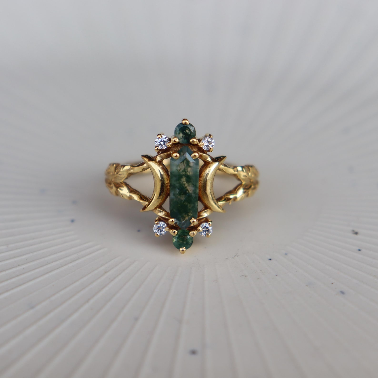 Natural Green Moss Agate Ring, Leaves Tree Branches Ring, Celestial 18K ...