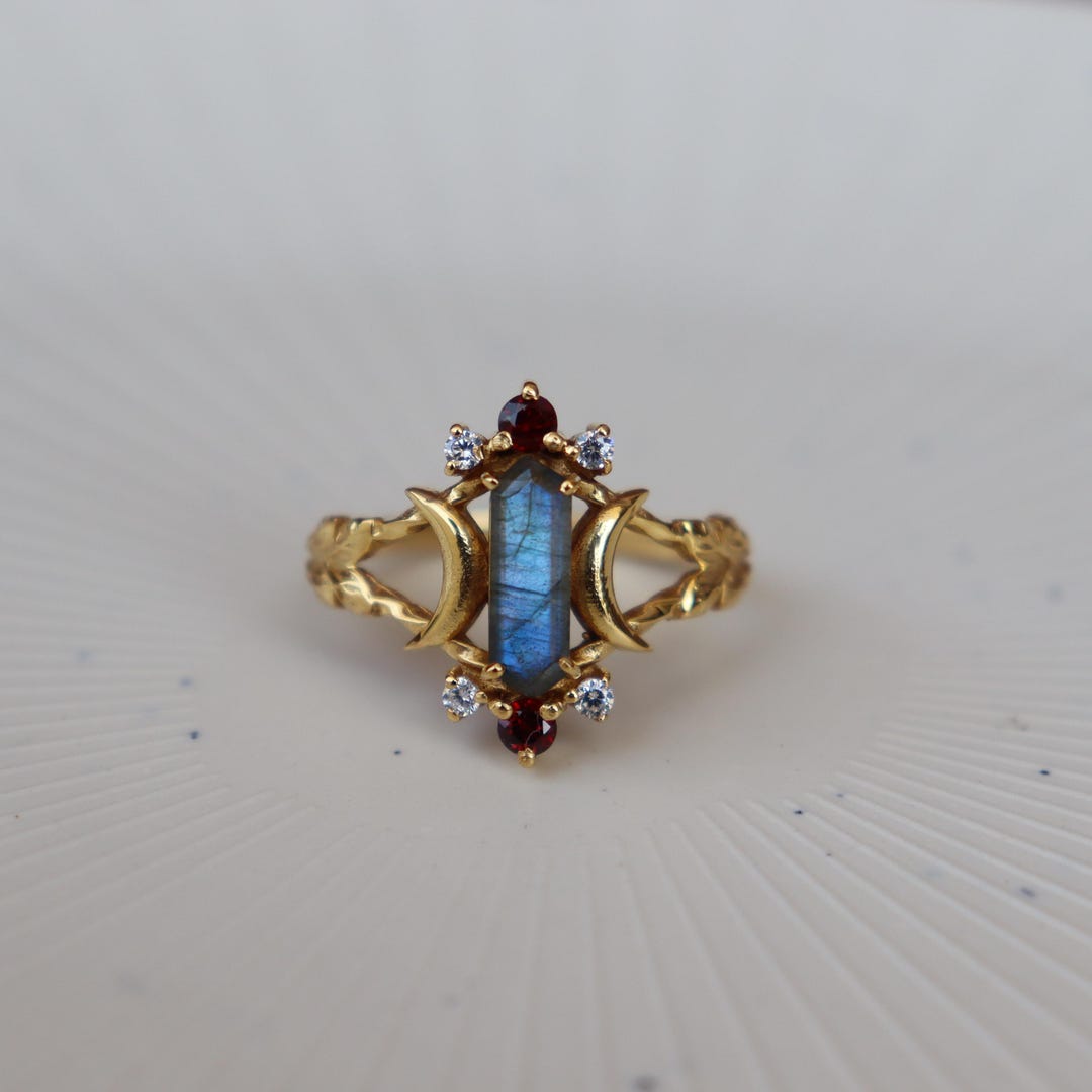 Labradorite Garnet Ring, 18k Gold Filled Ring , Long Bar Ring ...
