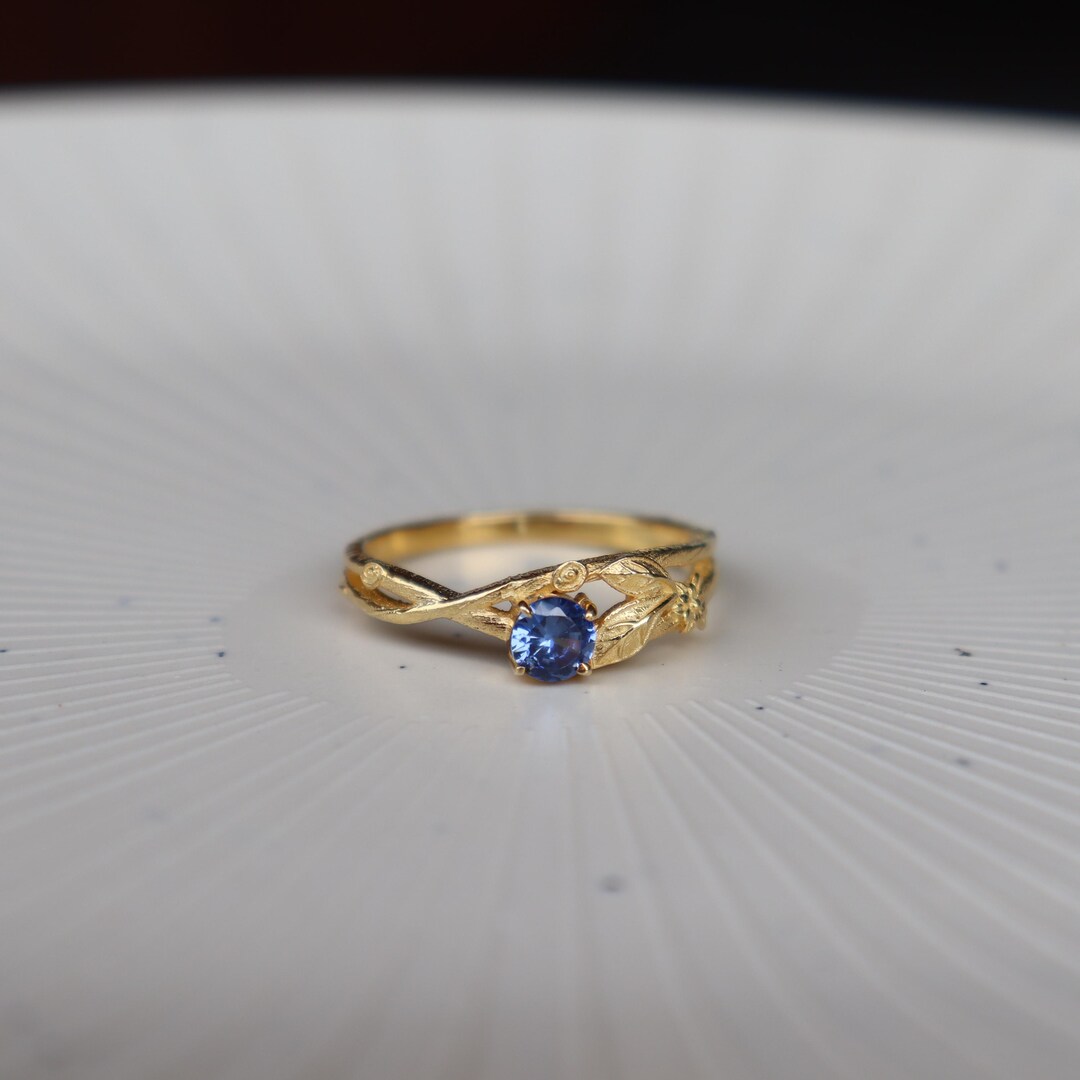 Leaves Sapphire Ring, Nature Tree Leaf Flower Ring, 14K Gold Plated ...
