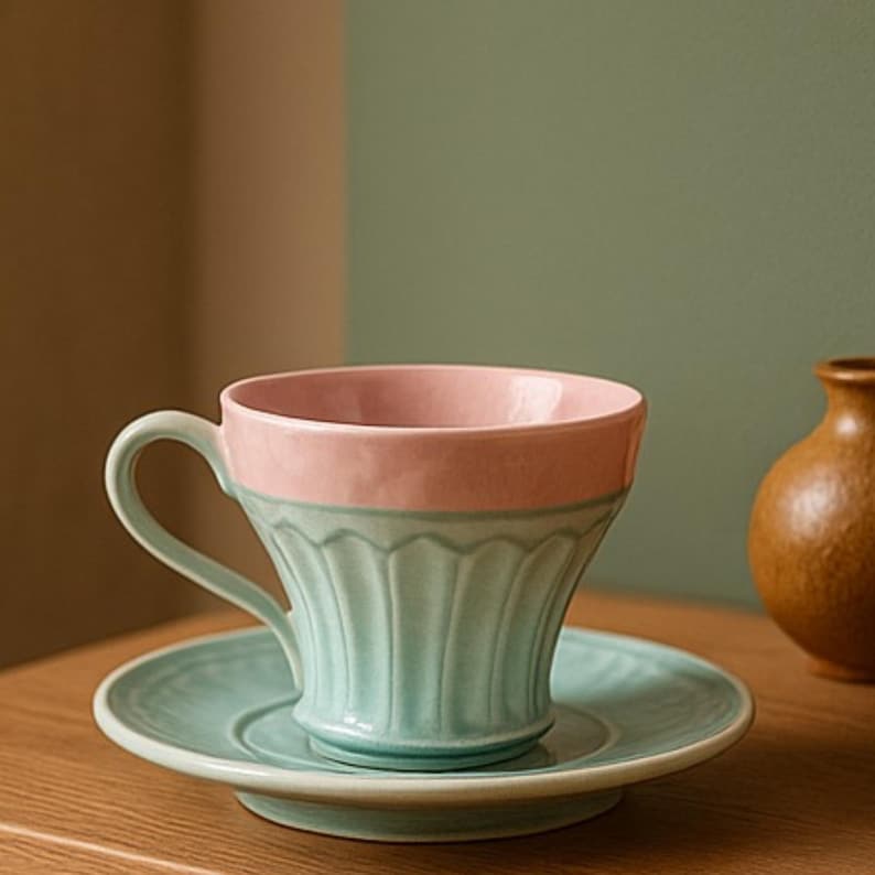 Lotus Flower Tea Mug With Saucer – Pink Cyan Crystal Glass - Etsy