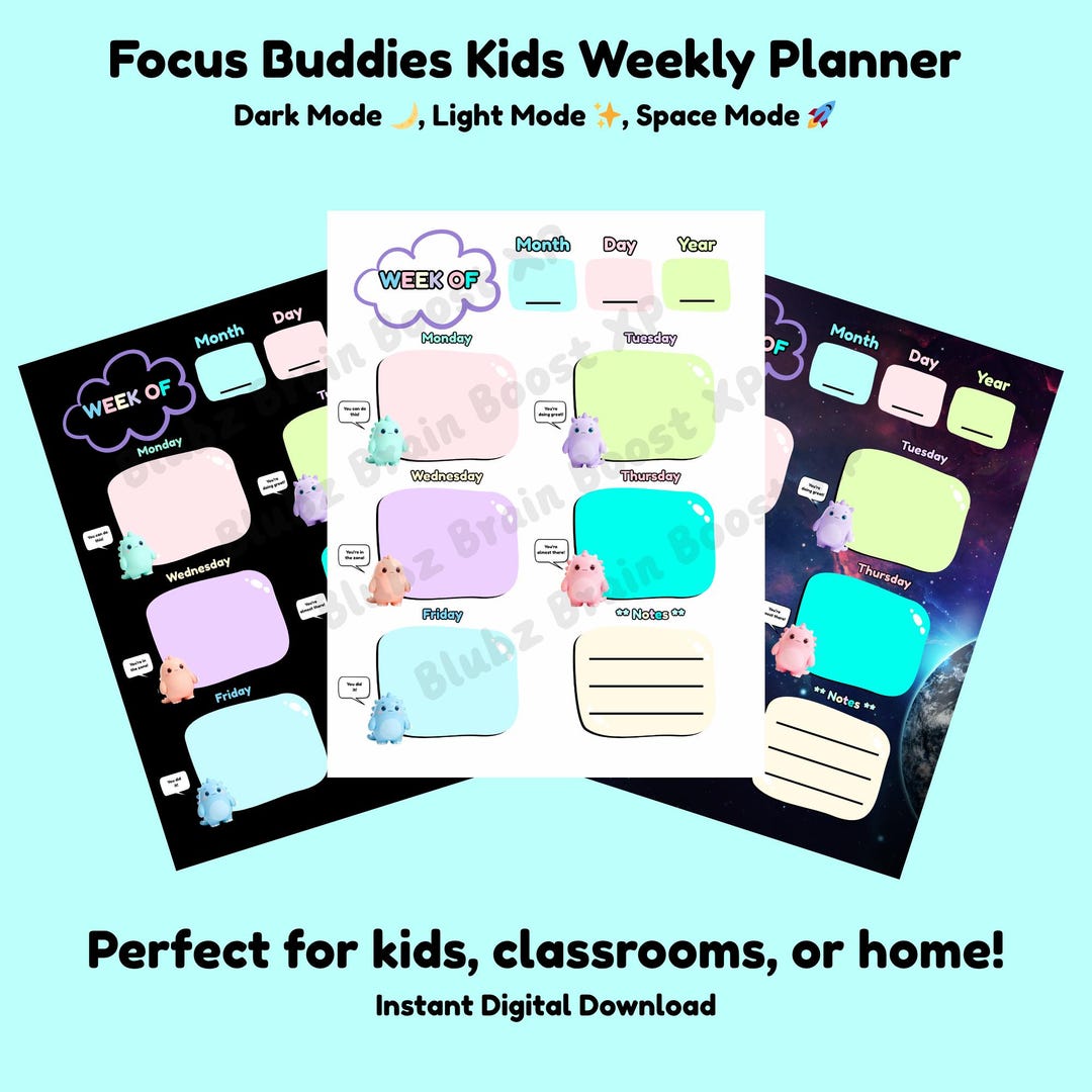 Kids Weekly Planner | Cute 3D Character Focus Buddies | Digital ...