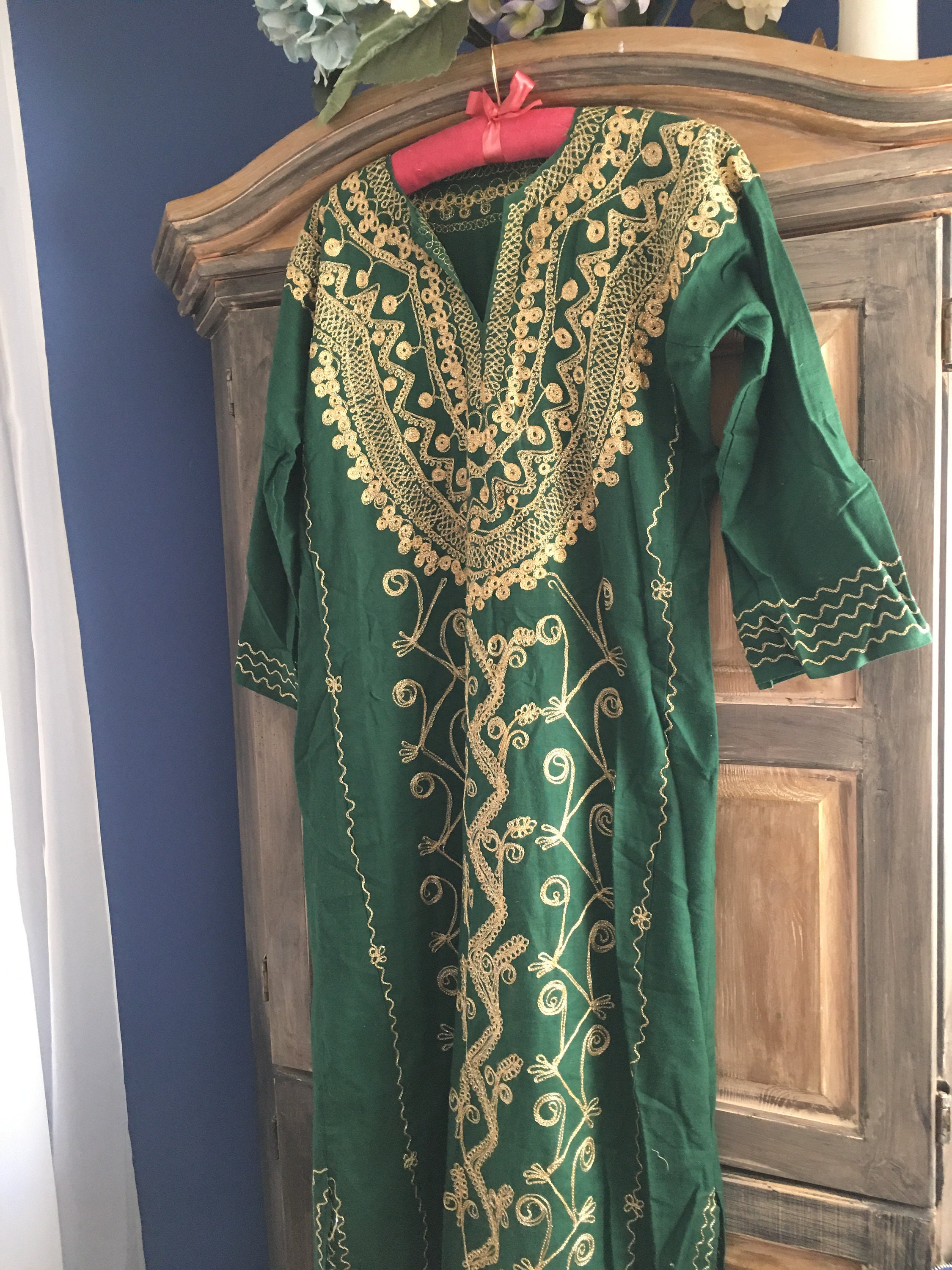 Full Length India Caftan in Green With Gold Embroidery Size S/M - Etsy
