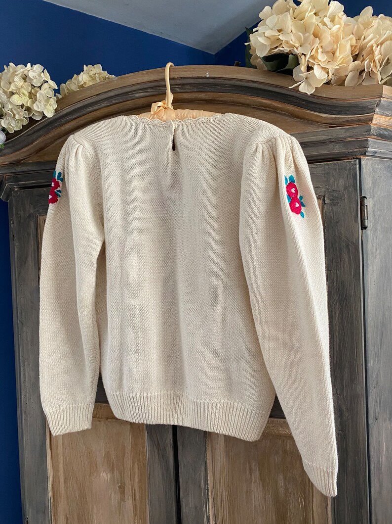 Vintage Embroidered White Sweater With Pearls, Flowers & Puffed ...