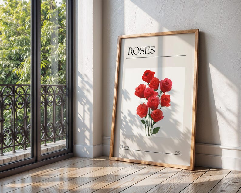 Roses Flower Poster, Red Floral Botanical Wall Art Print, Vintage ...