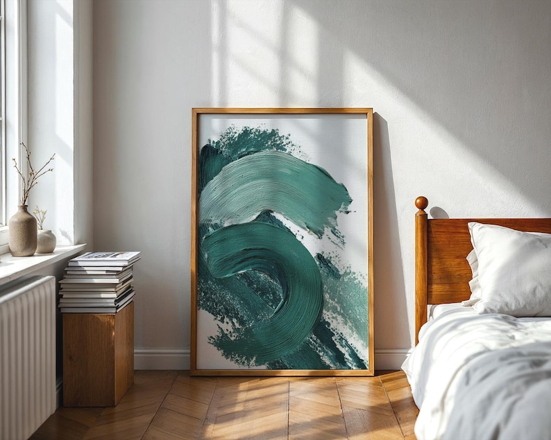 Abstract Teal Green Painted Wall Art - Contemporary Brushstroke Modern ...
