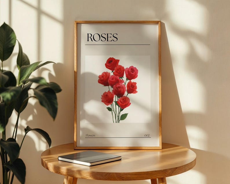 Roses Flower Poster, Red Floral Botanical Wall Art Print, Vintage ...