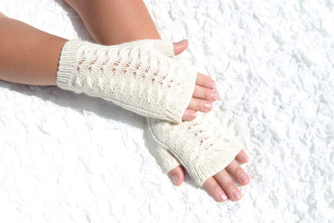 Hand Knitted Off-white Fingerless Gloves, Knit Wool Gloves, Cable Knit ...