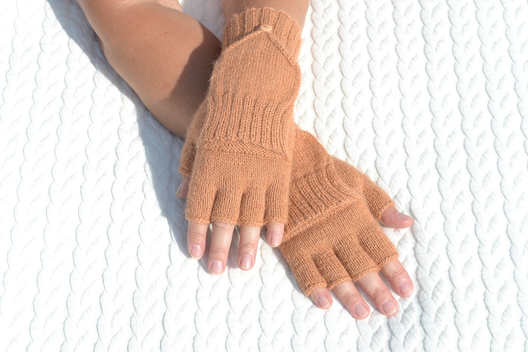 Light Brown Alpaca Convertible Gloves With Mitten Flaps, Hand Knitted ...