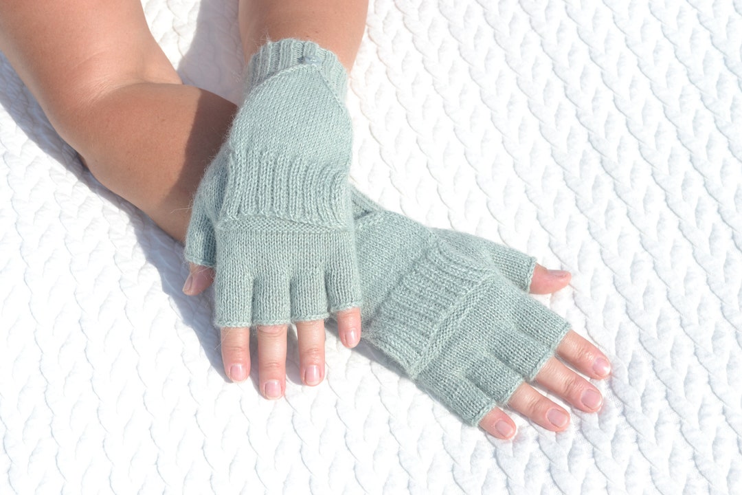 Light Green Alpaca Half Finger Gloves Convertible to Mittens, Handmade ...