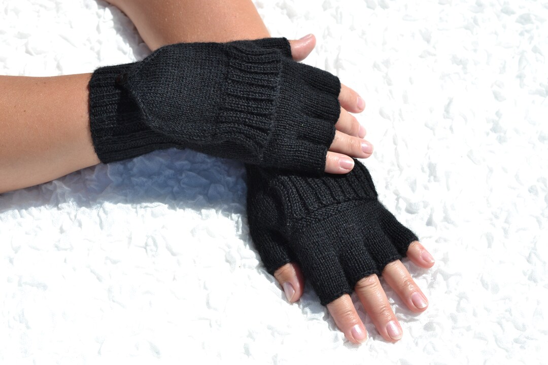 Mitones convertibles negros, guantes de medio dedo tejidos a mano ...