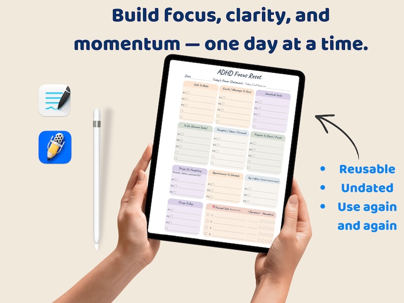 ADHD Brain Dump Planner Printable – Daily Focus Reset Worksheet ...