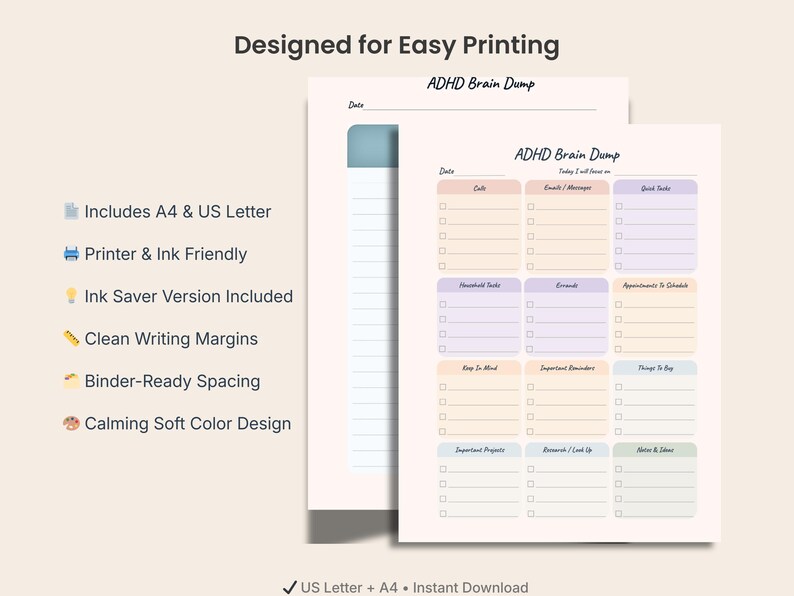 ADHD Brain Dump Planner Printable, Focus Reset Worksheet PDF, Minimal ...