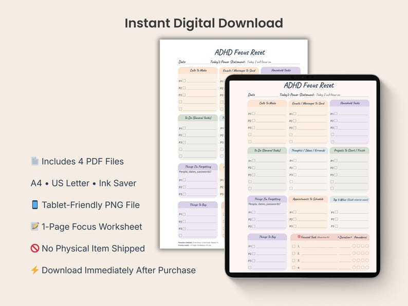 ADHD Brain Dump Planner Printable, Daily Focus Reset Worksheet, ADHD ...