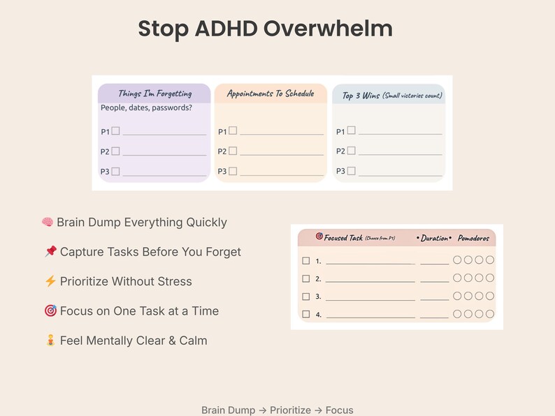 ADHD Brain Dump Planner Printable, Daily Focus Reset Worksheet, ADHD ...