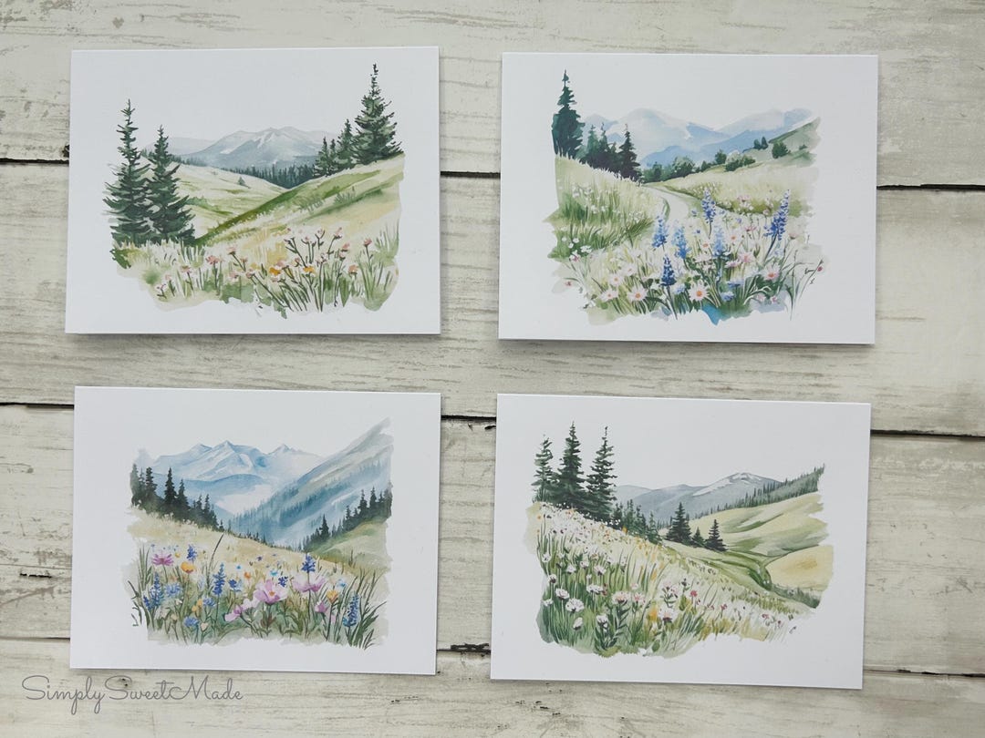 Watercolor Spring Landscape Blank Cards - 8 Mountain Note Cards ...