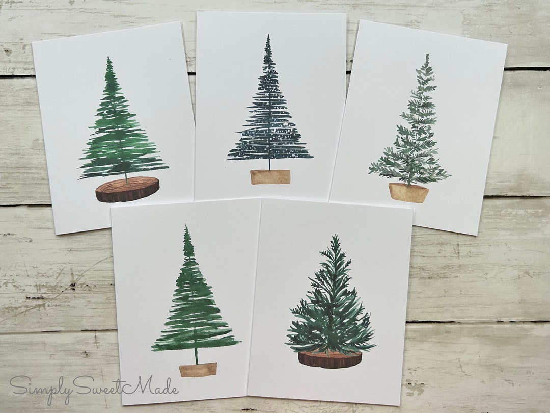 Christmas Tree Cards 8 Blank Christmas Tree Cards Watercolor Christmas ...
