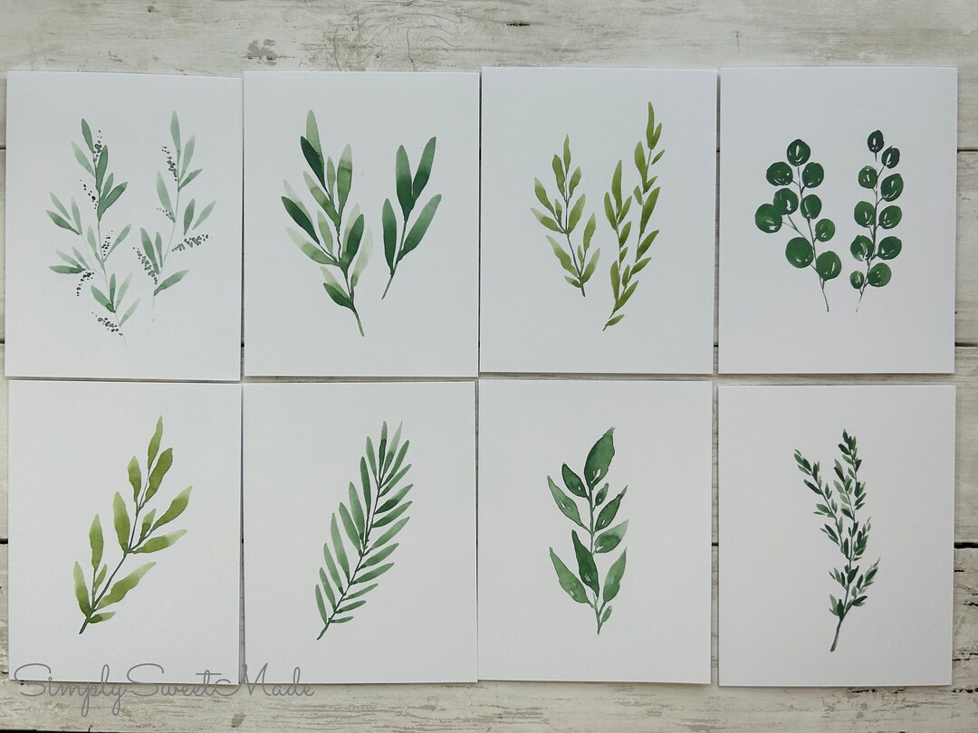Greenery Cards - 8 Blank Botanical Cards - Watercolor Leaves Cards ...