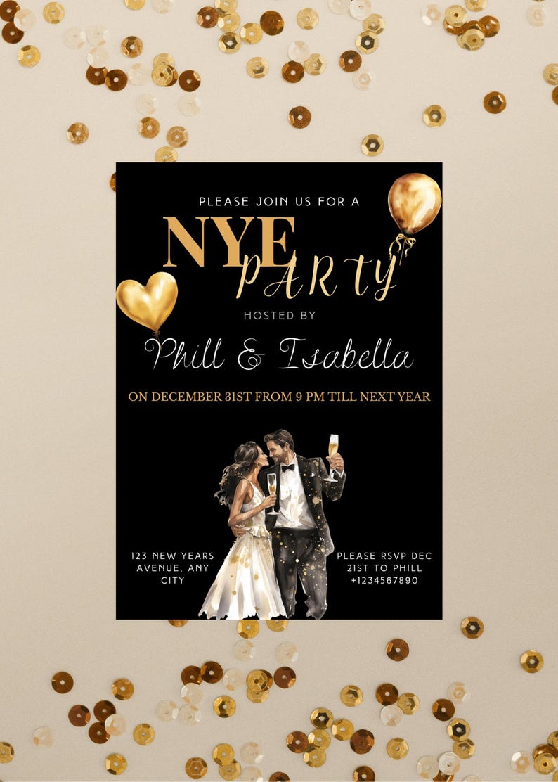 Editable New Year’s Eve Party Invitation Black Gold NYE Couple Invite ...