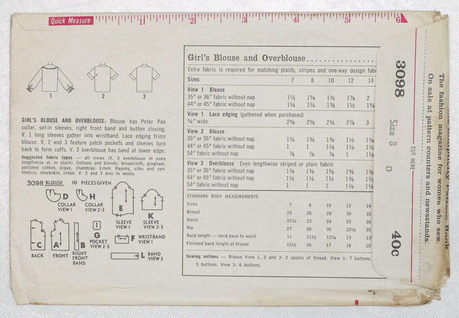 Simplicity 3098 Size 8 Girls Collared Blouses Short / Long | Etsy
