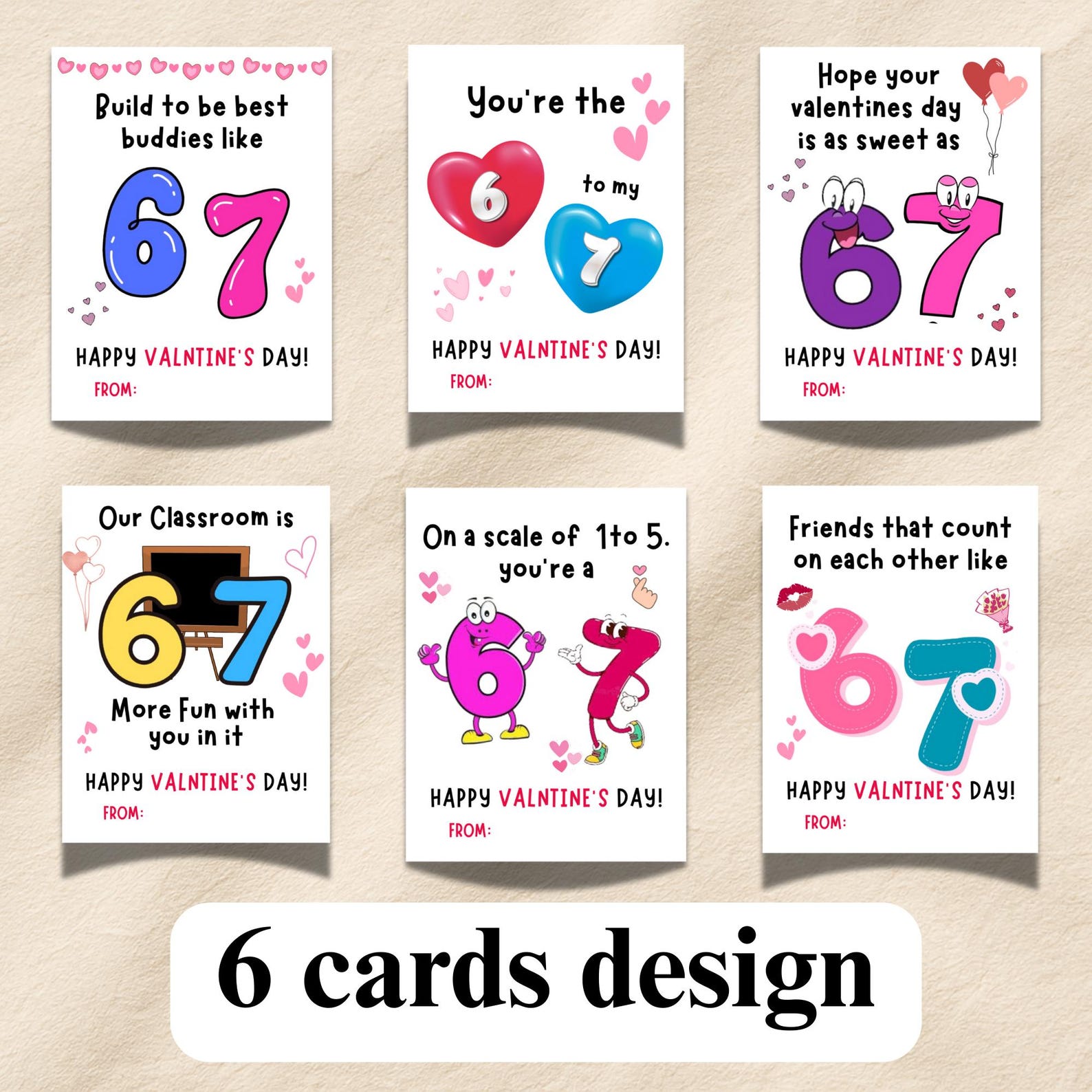 67 Valentines Day Cards, Kids 6-7 Class Gift Tags, Printable Classroom ...