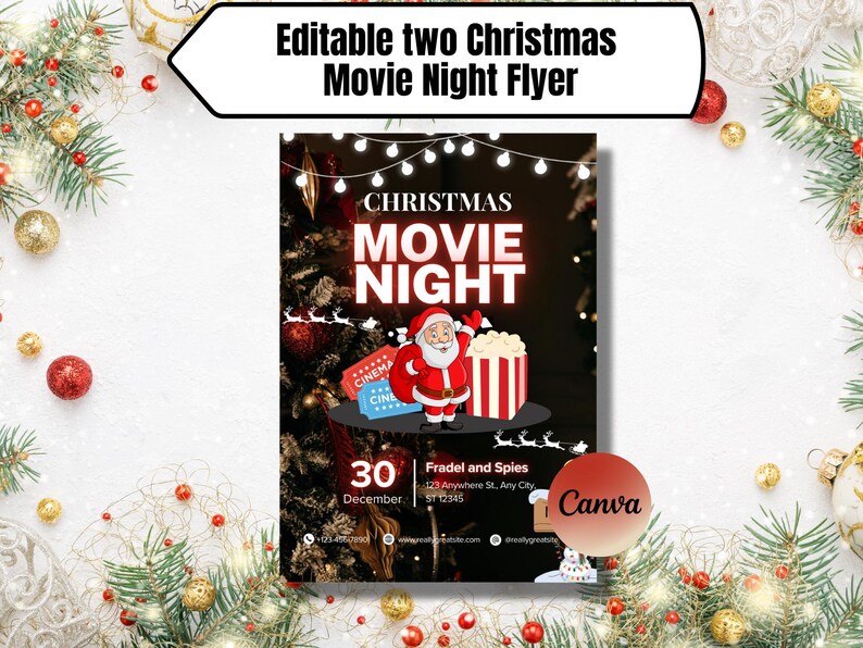 2 Editable Christmas Movie Night Flyer | Holiday Movie Party Invitation ...