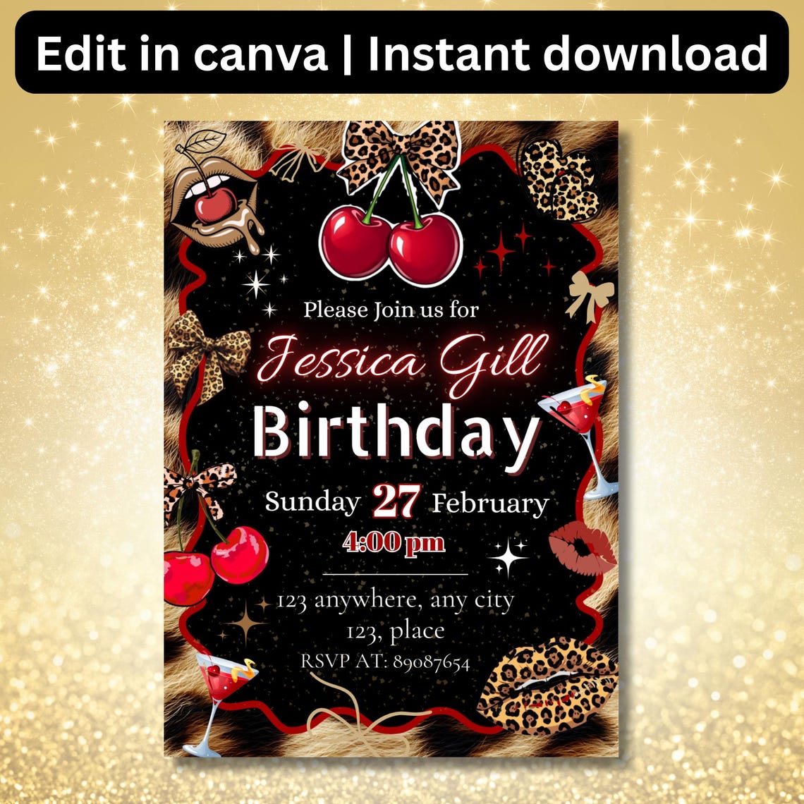 Cheetah Print Birthday Invitation, Black Bow Coquette Party Printable ...