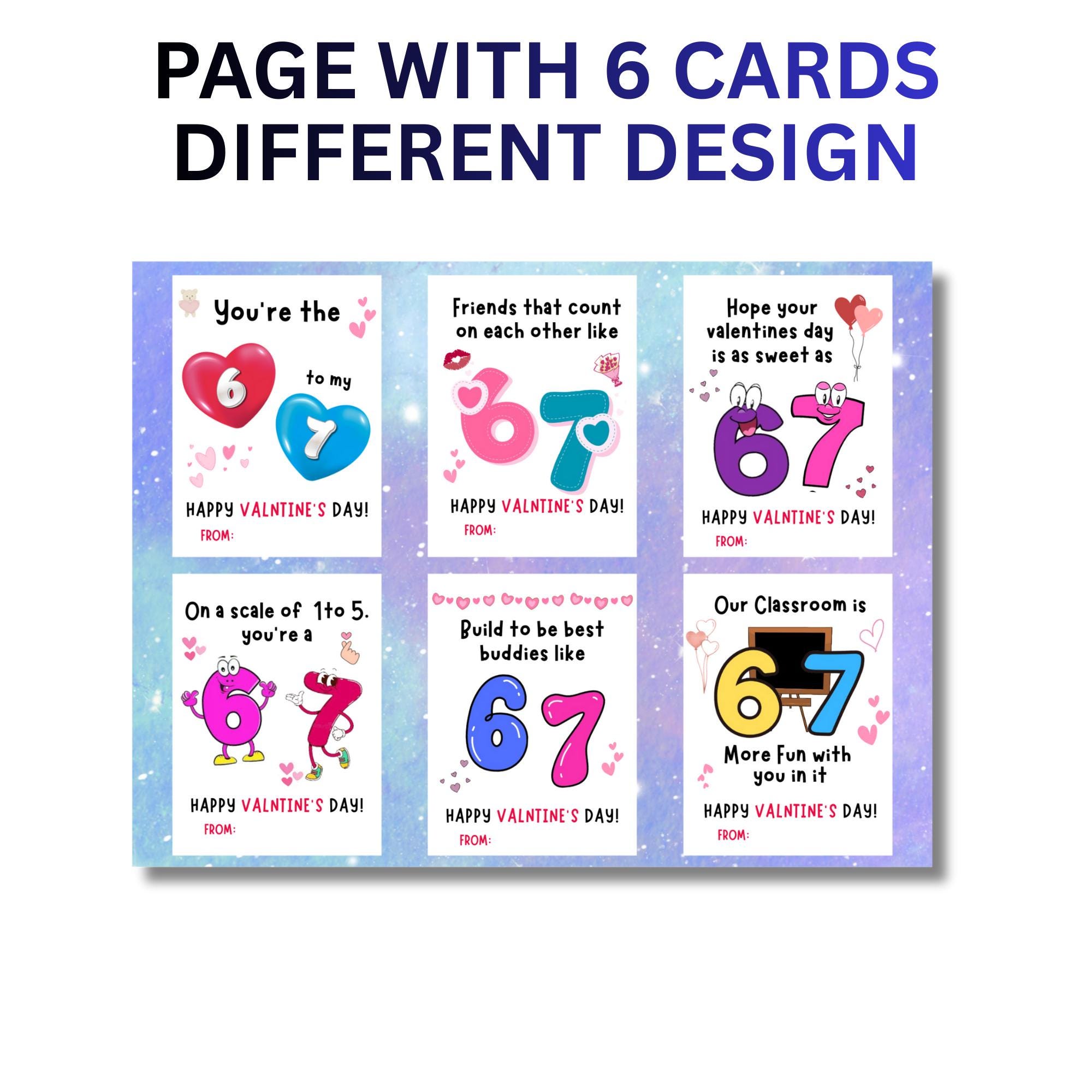 67 Valentines Day Cards, Kids 6-7 Class Gift Tags, Printable Classroom ...
