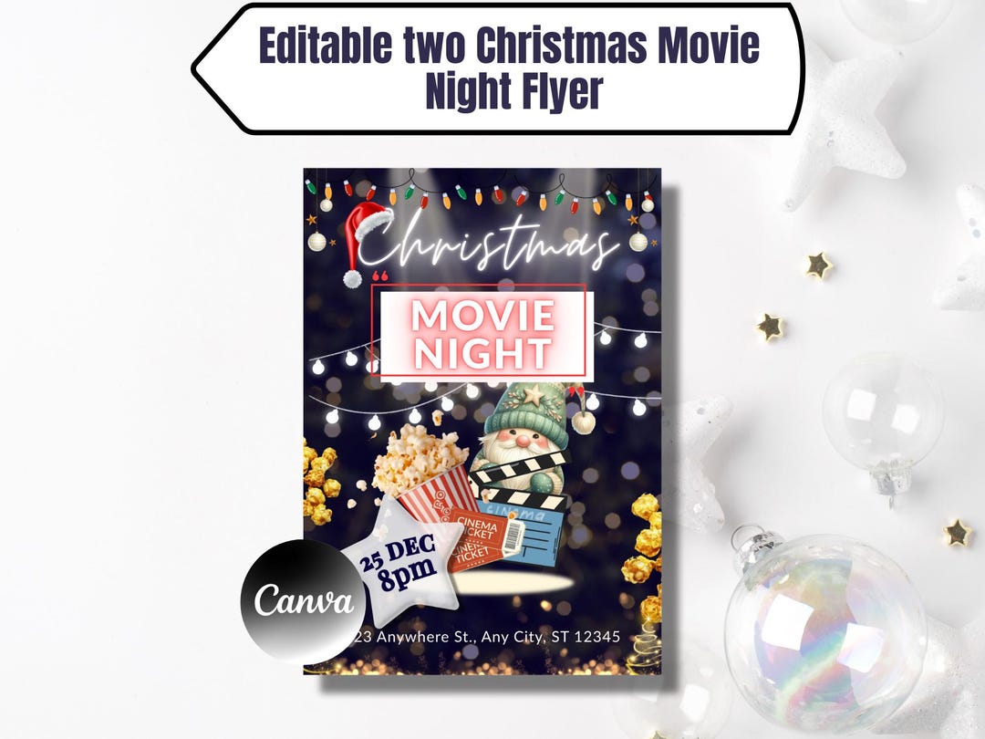 2 Editable Christmas Movie Night Flyer | Holiday Movie Party Invitation ...